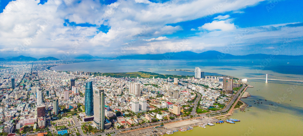 Aerial view of Da Nang city which is a very famous destination for ...