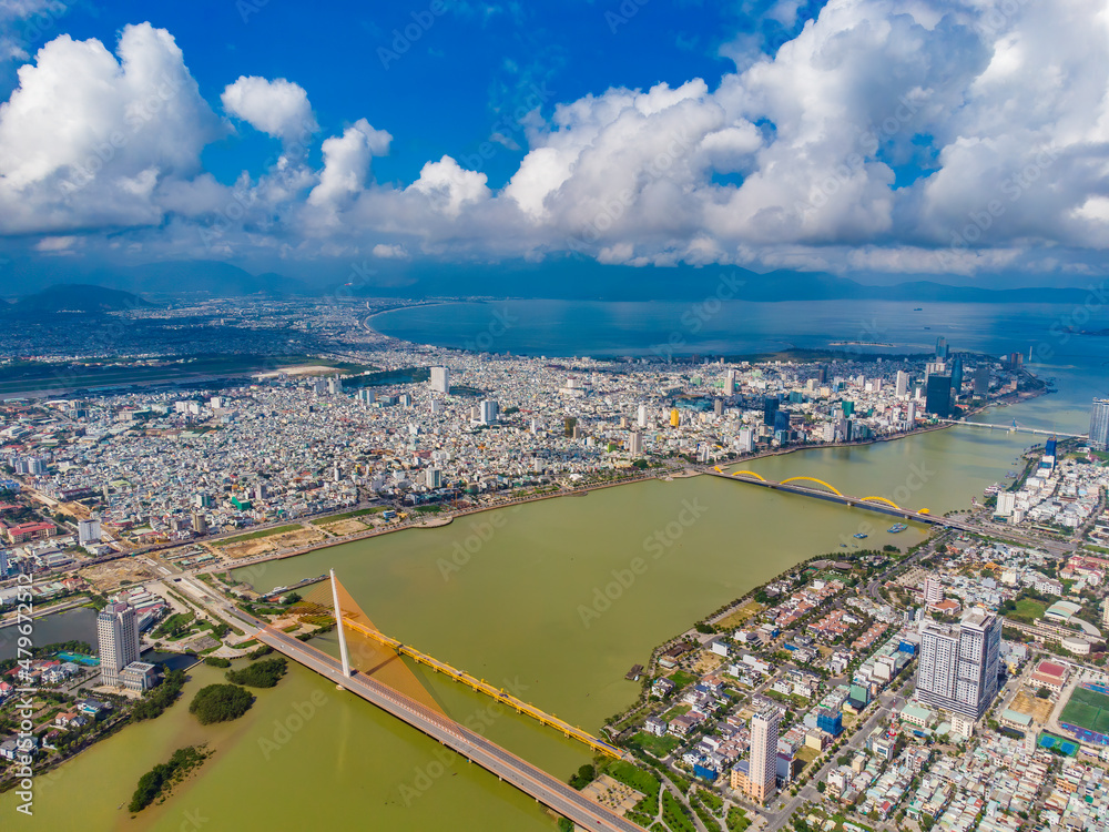Aerial view of Da Nang city which is a very famous destination for ...