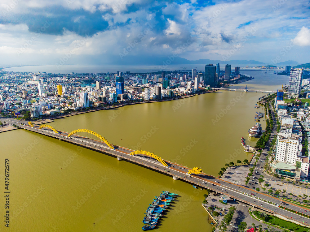 Aerial view of Da Nang city which is a very famous destination for ...