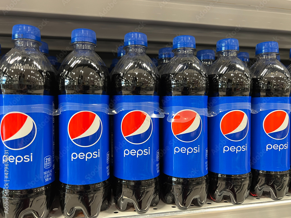 Miami, Fl, USA - January 6, 2022: Plastic 500ml bottles of Pepsi on the ...