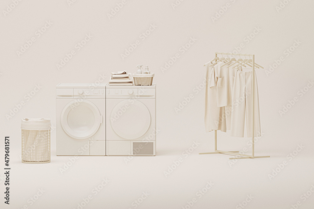Washing machine and clothes on a hanger, storage shelf in monochrome ...