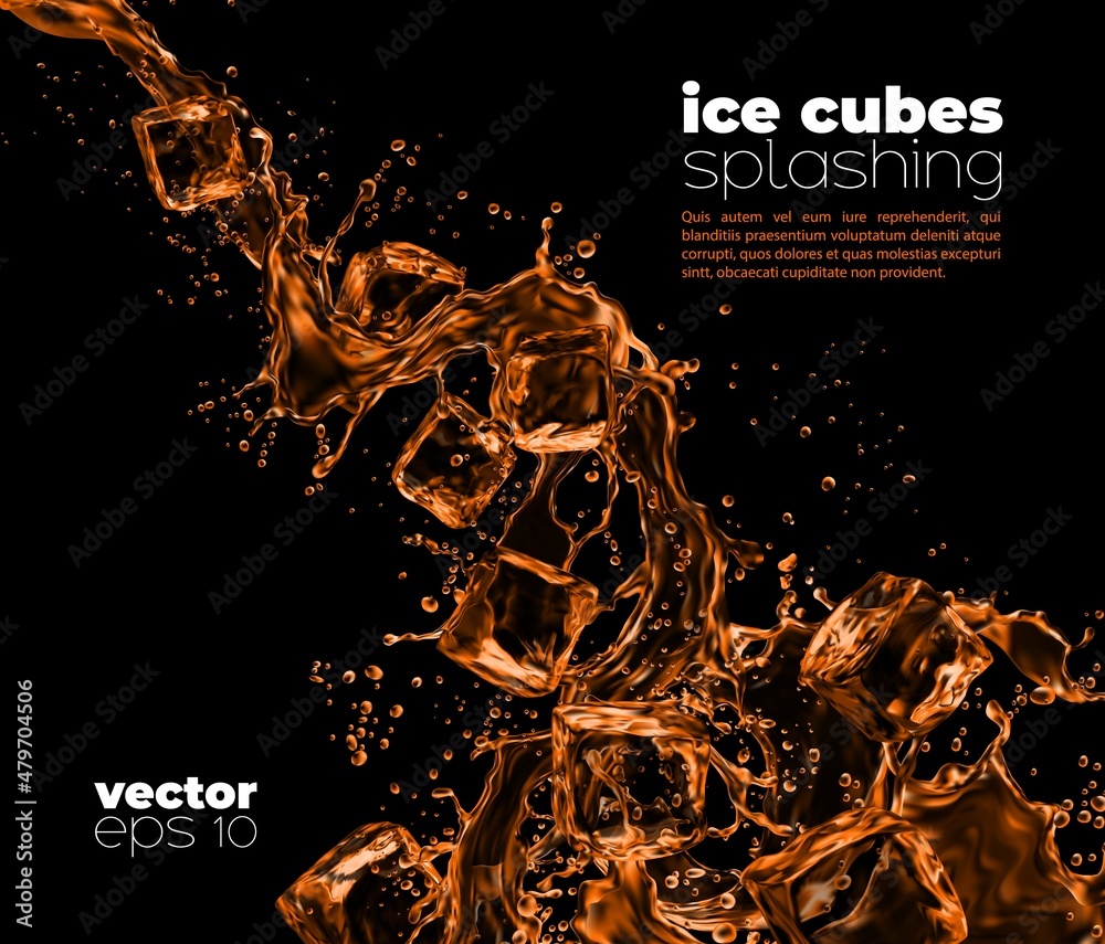 Ice cubes falling to whiskey, cognac or rum, bourbon or brandy alcohol ...
