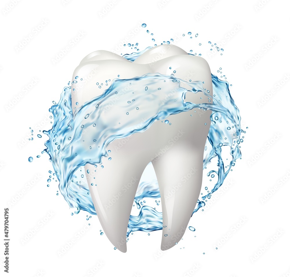 Mouthwash, mouth rinse. Isolated teeth with clean water splash wave ...