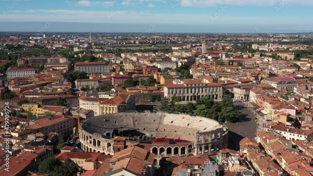Arena di Verona top view of the city of Verona in Italy. Aerial view of ...