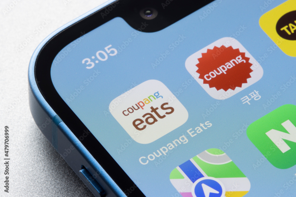 Portland, OR, USA - Jan 10, 2022: Coupang Eats and Coupang mobile apps are seen on an iPhone ...