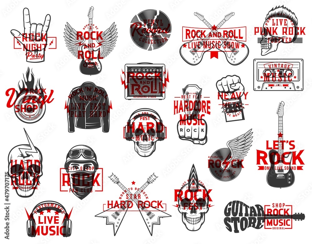 Naklejka Rock music icons, Rock and roll, punk band show symbols ...