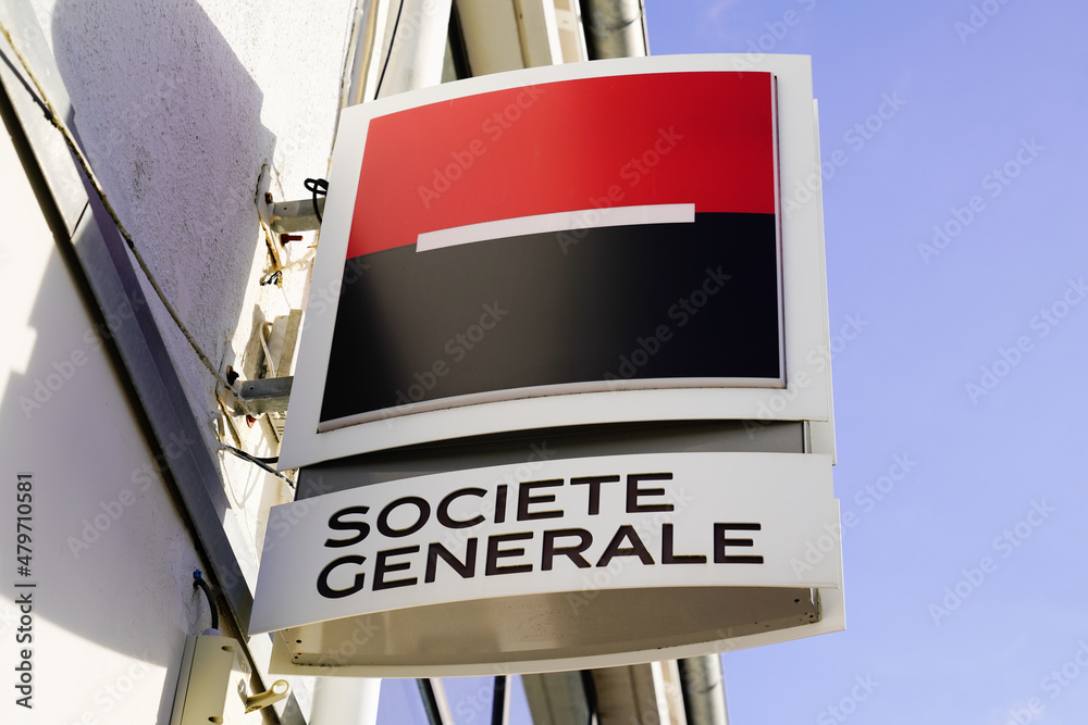 societe generale logo sign and text brand front of wall entrance bank ...