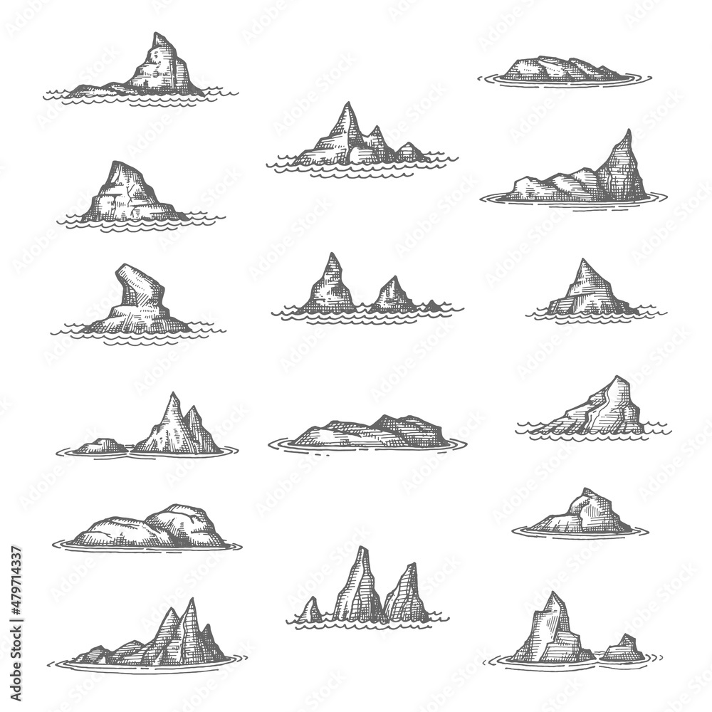 Sea rocks, rock outliers and reefs with shallows, vector sketch. Ocean ...