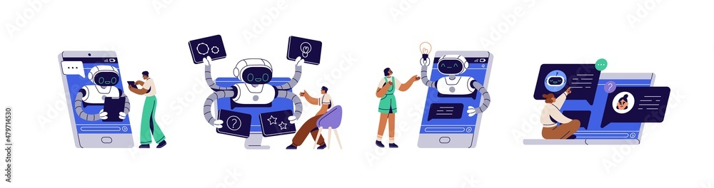 Online communication with chat bot concept. Robot answer customer in ...