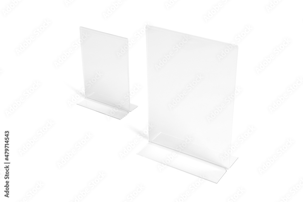 Vertical transparent desk display isolated on white background ...