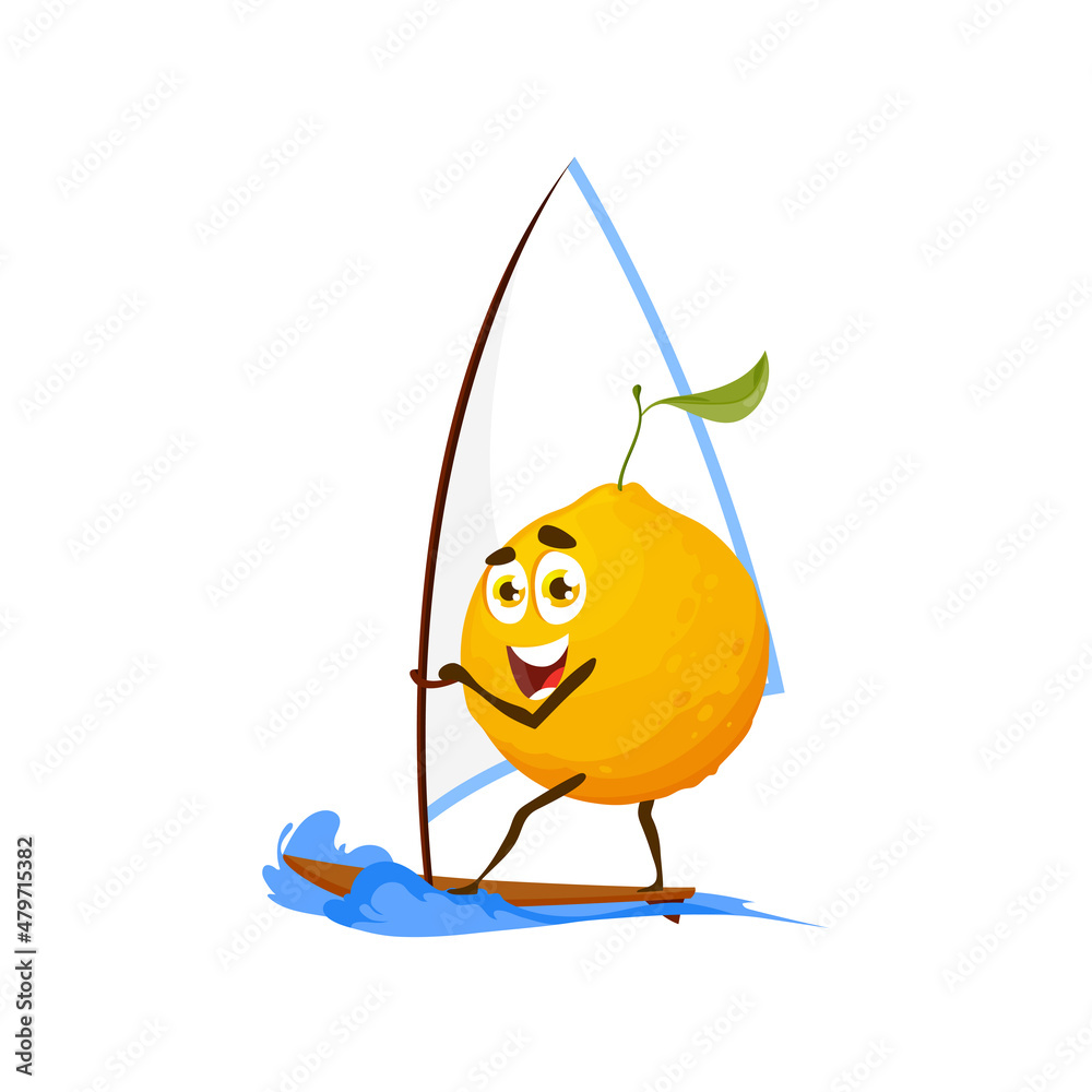 Yellow lemon citrus surfing on water isolated cartoon character. Vector ...