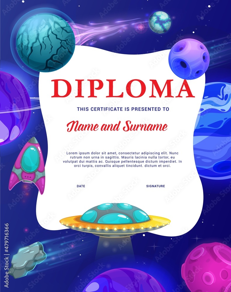 Blue galaxy space planets and rockets on kids diploma template. Child ...