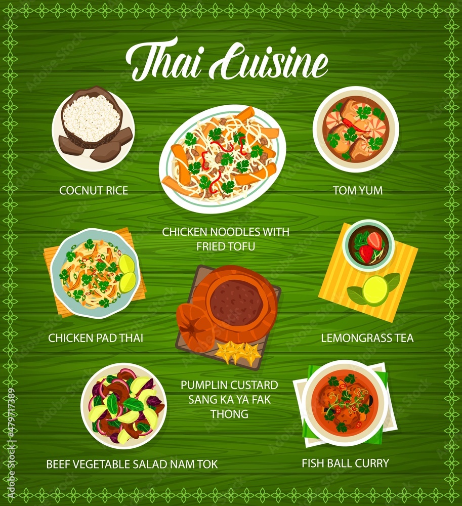 Thai food cuisine, Thailand Asian restaurant menu, vector, spicy dishes ...