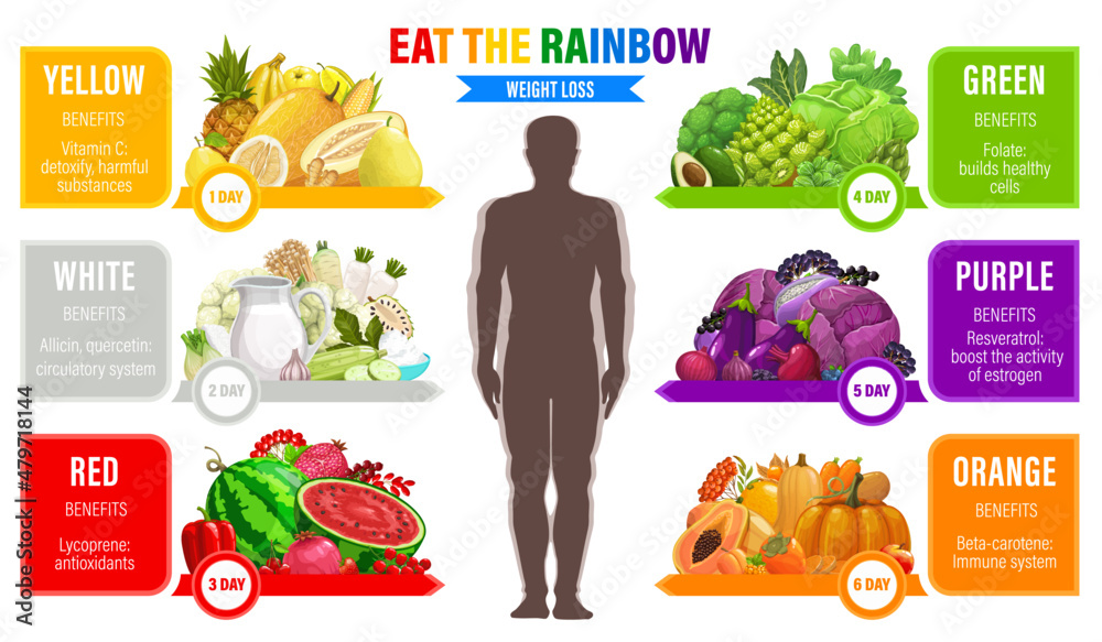 Rainbow color diet, weight loss, organic nutrition schedule. Vector six ...