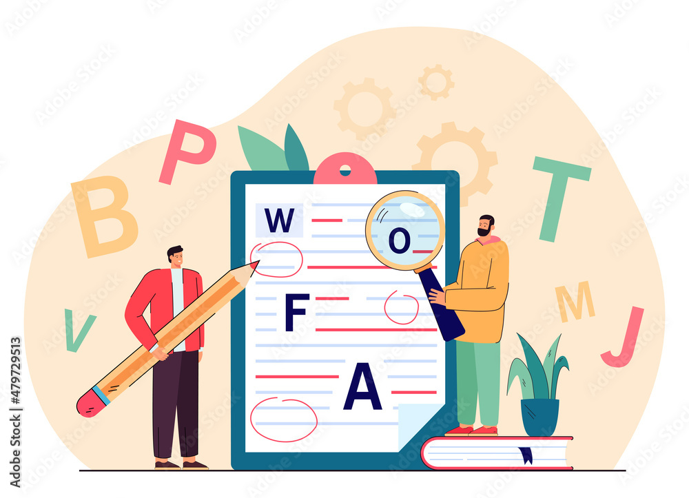 Tiny college persons correcting mistakes in text or manuscript. People ...