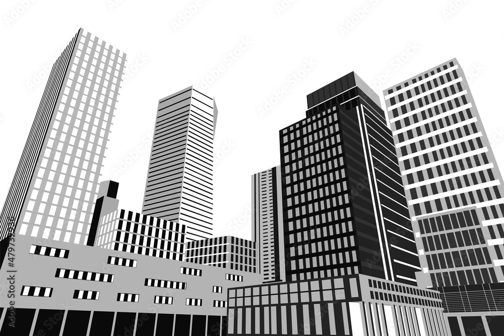 City with multi-storey buildings isolated on white background. City in ...