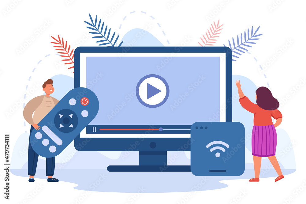 People watching video and digital television on monitor. Tiny man and ...