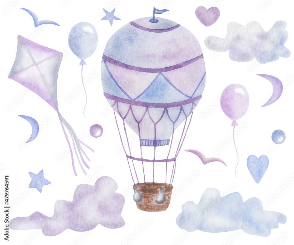 Watercolor illustration of hand painted blue purple hot air balloons ...