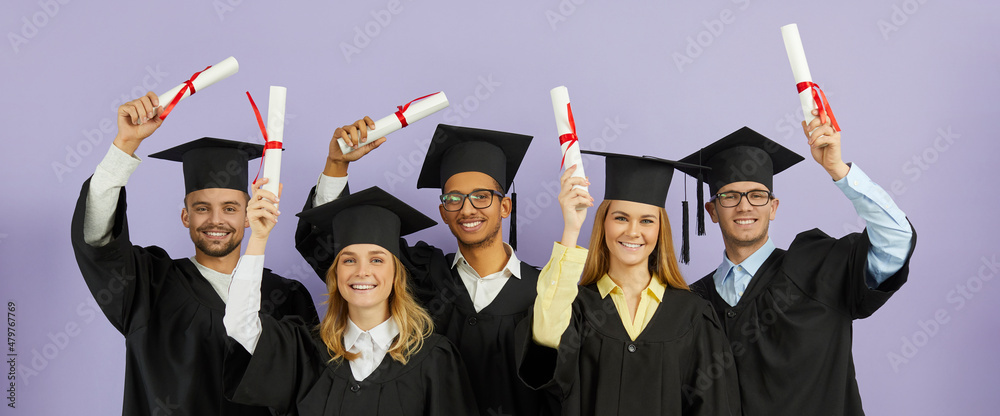 Congrats, grad. Happy joyful proud smiling international multiracial ...