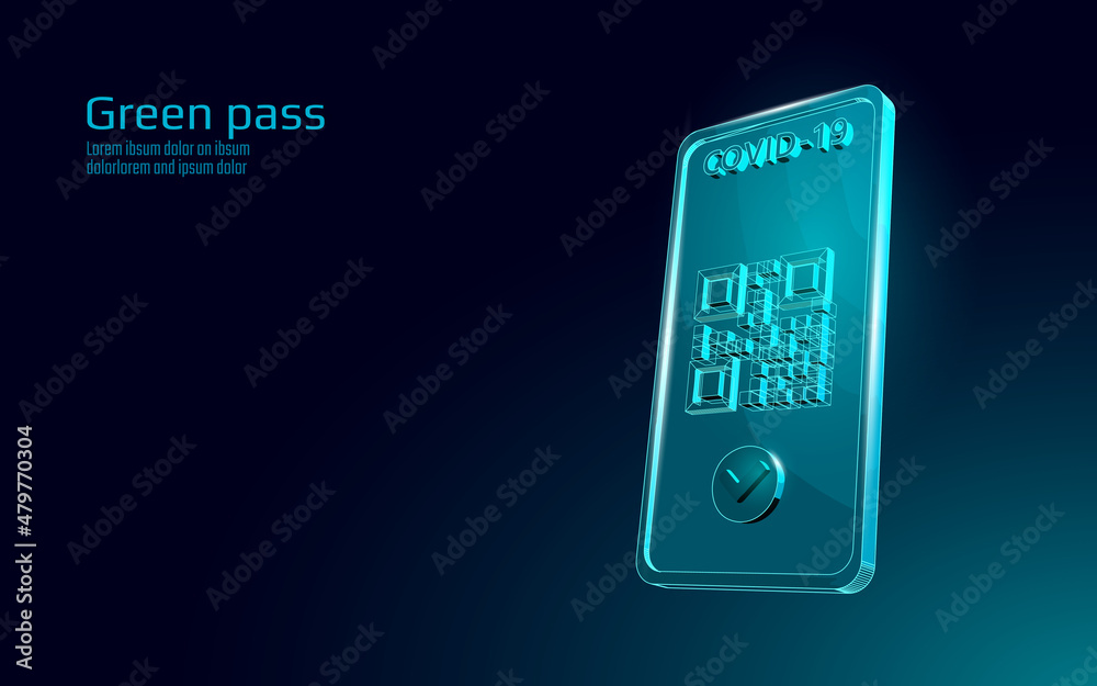 COVID-19 Green Pass QR-code 3D concept. Phone app screen health ...
