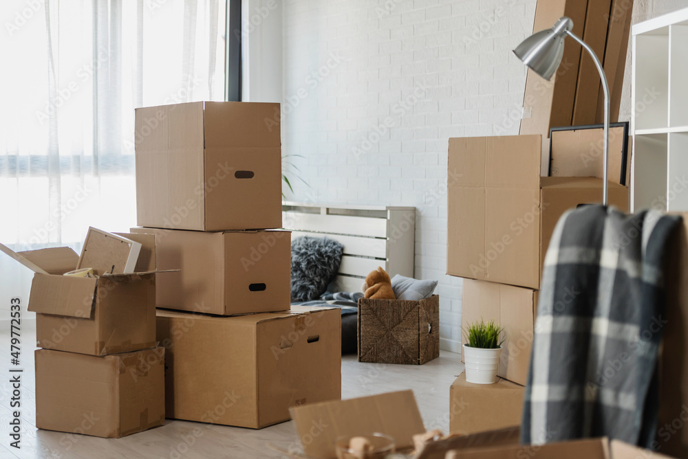 Apartment full of box containers and stuff. Move, packing and unpacking ...