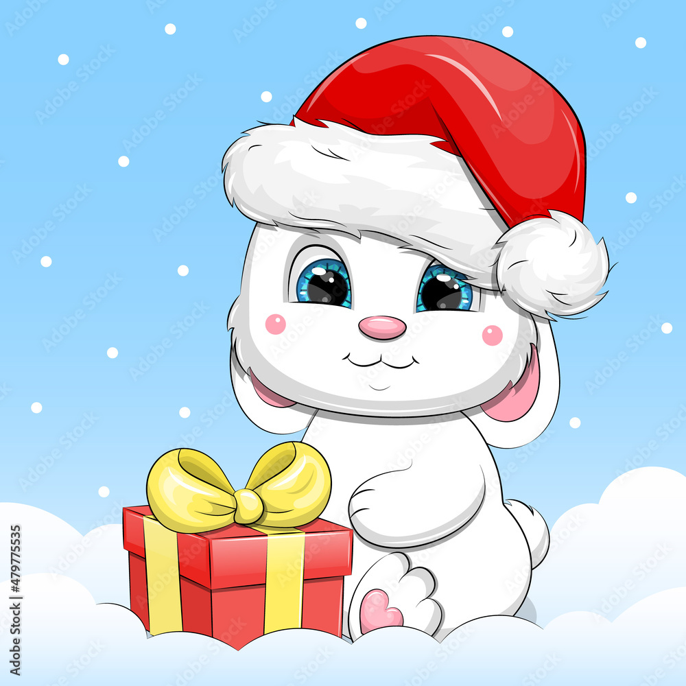 Cute cartoon white rabbit wearing Santa Claus hat is holding a gift ...