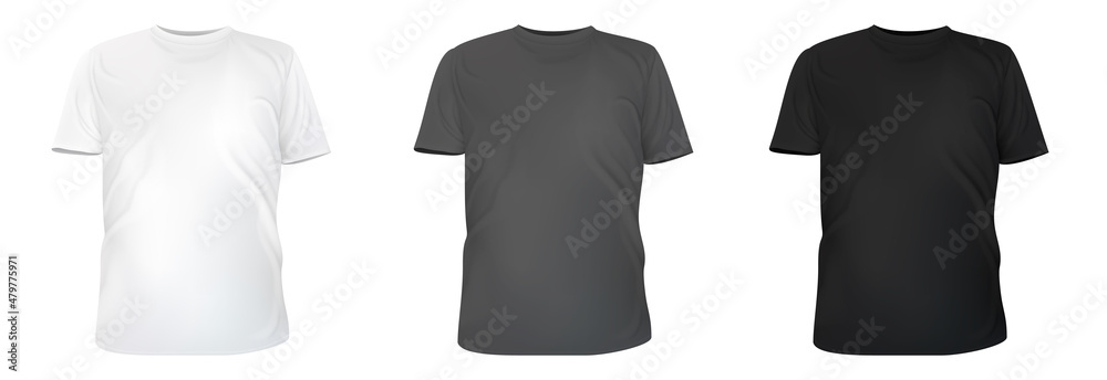 Set realistic white, gray, black t-shirt base cloth isolated on clean ...