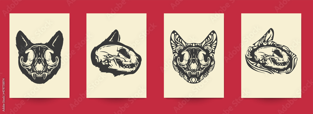 Set of hand drawn art composition with animal skulls in monochrome ...