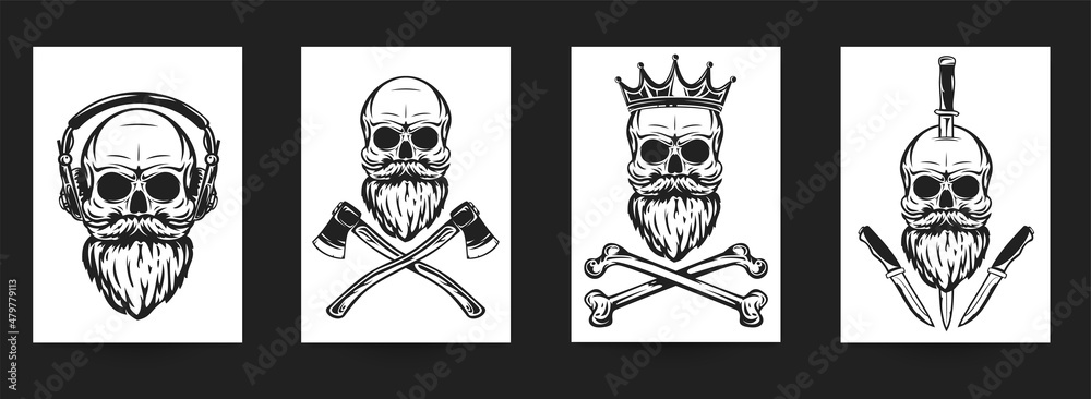 Set of hand drawn art composition with skulls in monochrome vintage ...