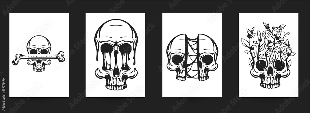 Set of hand drawn art composition with skulls in monochrome vintage ...