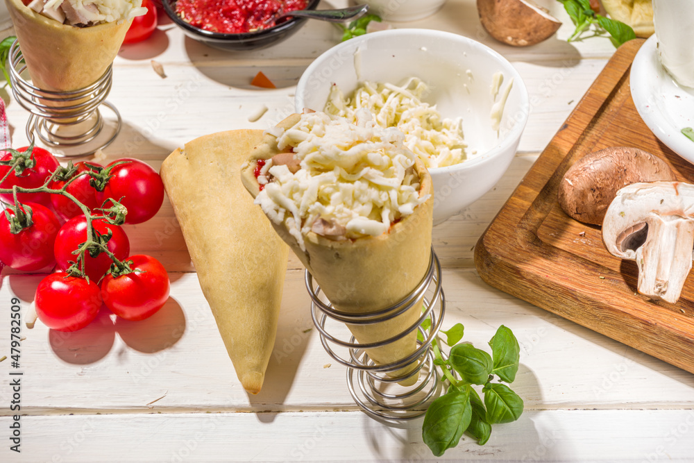 Cooking trendy Cone pizza background, modern pizza recipe, with ...