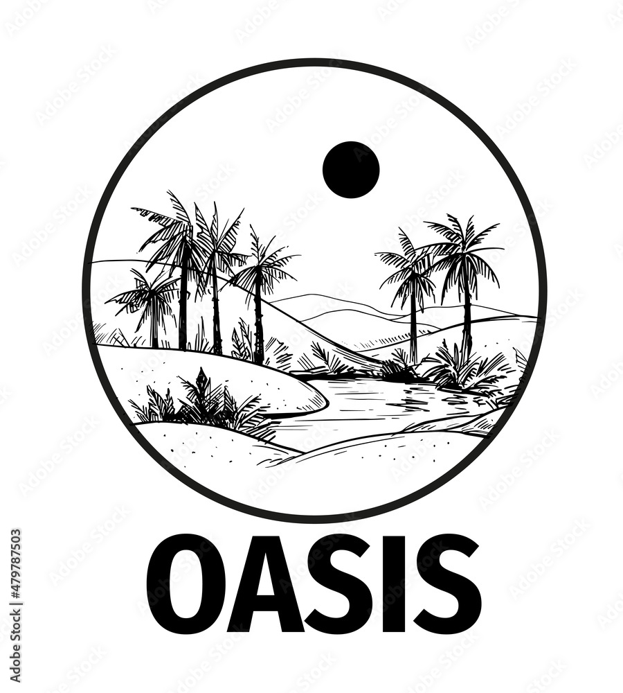 Oasis with palm trees and a lake in the desert. Hand drawn vector ...