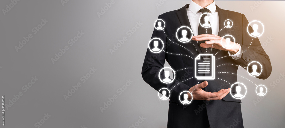 Man hold document and user icon.Corporate data management system DMS ...