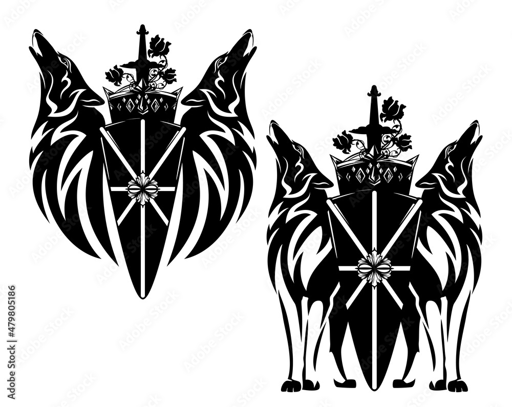 pair of howling wolves with heraldic shield, king crown, knight sword ...