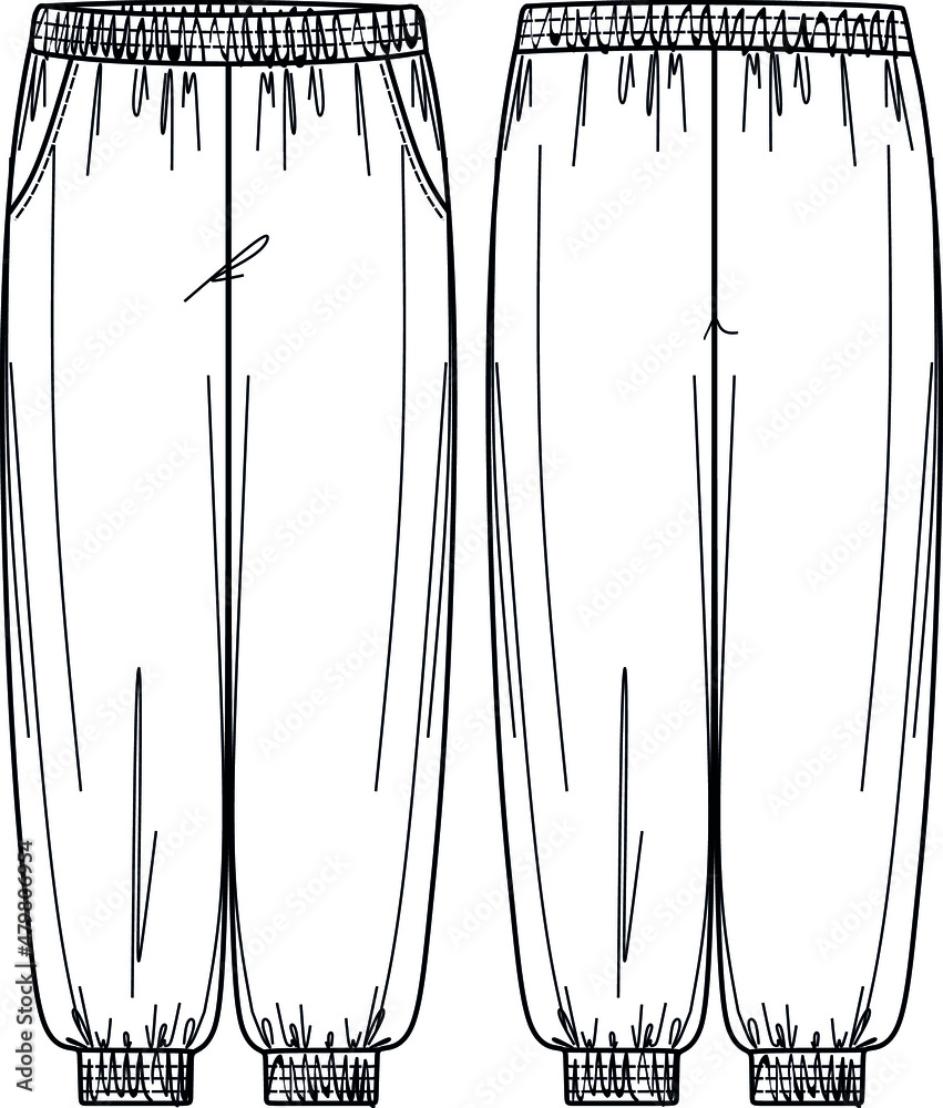 Vector trendy women pants sketch, salwar pants fashion CAD, technical ...