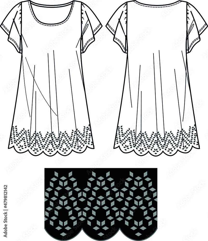 Vector short sleeved dress fashion CAD, woman a shaped dress with laser ...