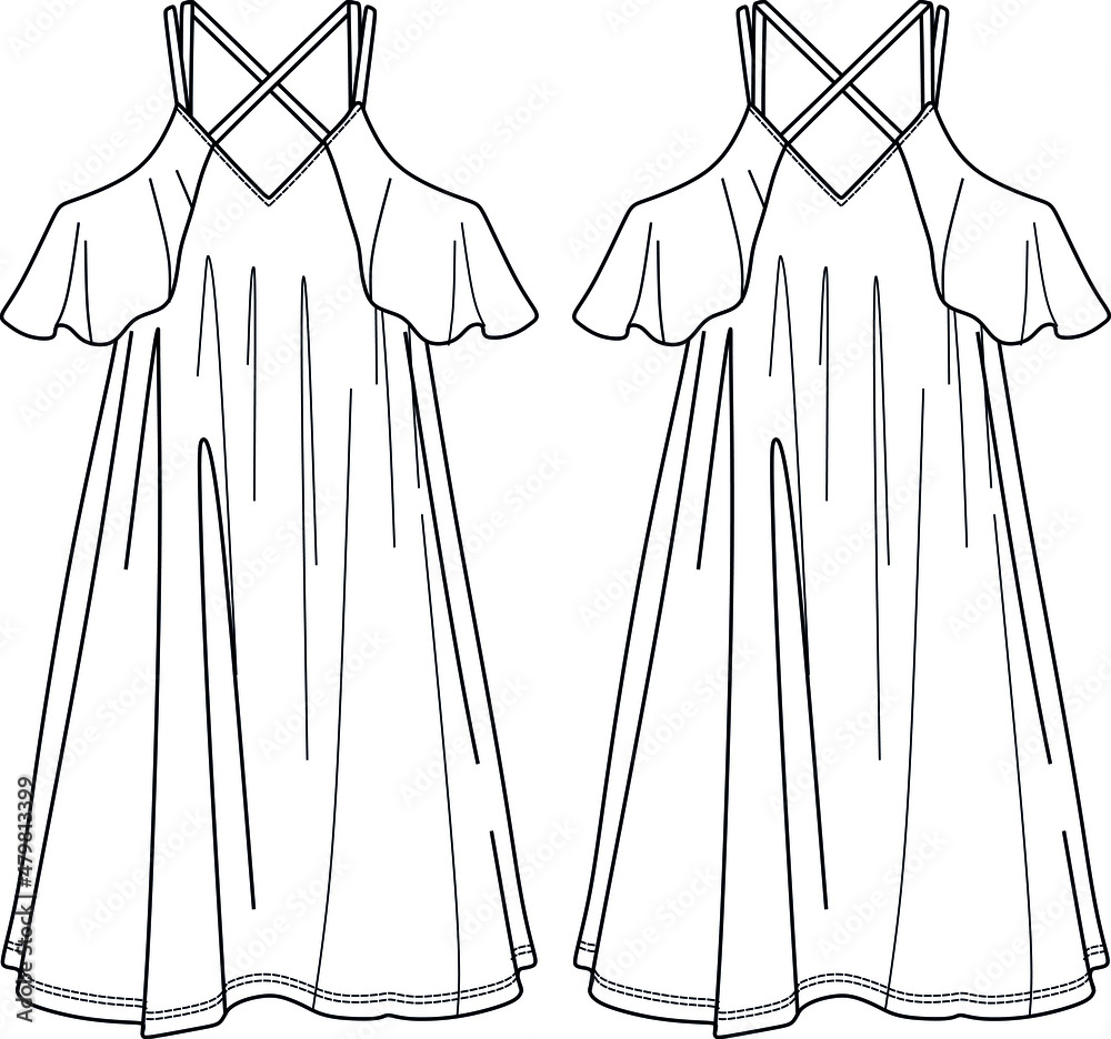 Vector woman summer dress fashion CAD, dress with shoulder straps ...