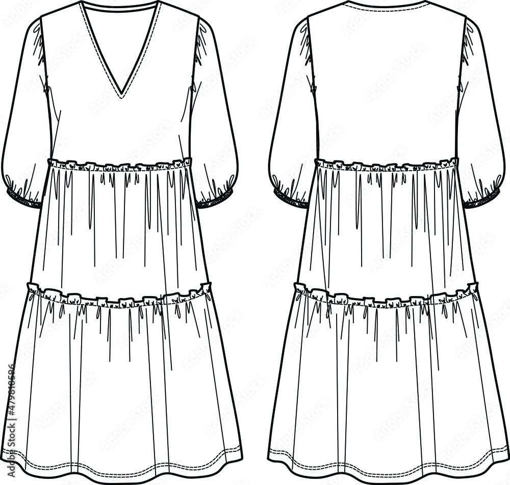 Voluminous Maxi Fashion Dress Trendy Dress With Frills Vector Sketch