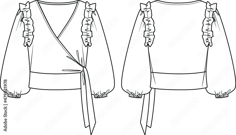 Vector wrap balloon sleeved blouse fashion CAD, long sleeved with frill ...