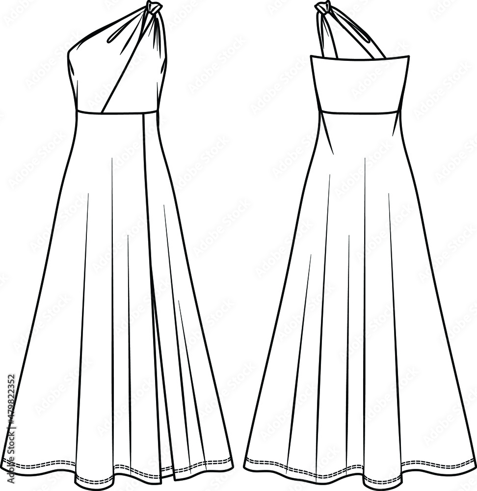 Vector mini dress fashion CAD, woman asymmetric hem dress technical ...