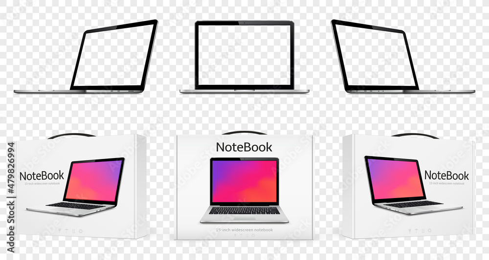 Laptop mock up with transparent screen and new laptop in boxes isolated ...