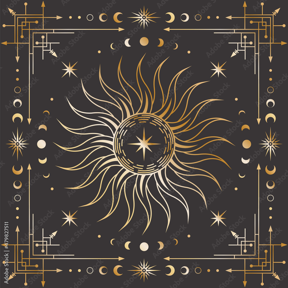 Vector golden celestial background with an ornate geometric frame with ...