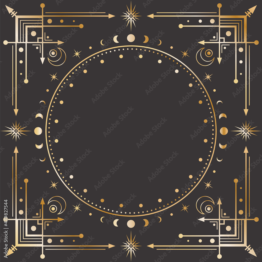 Vector mystic celestial square golden frame with stars, moon phases ...