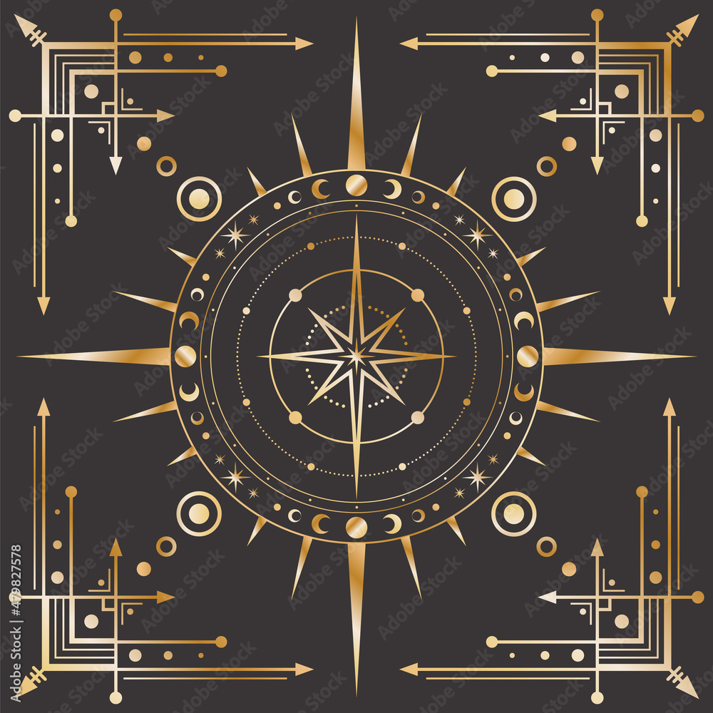 Vector golden celestial background with an ornate geometric frame with ...