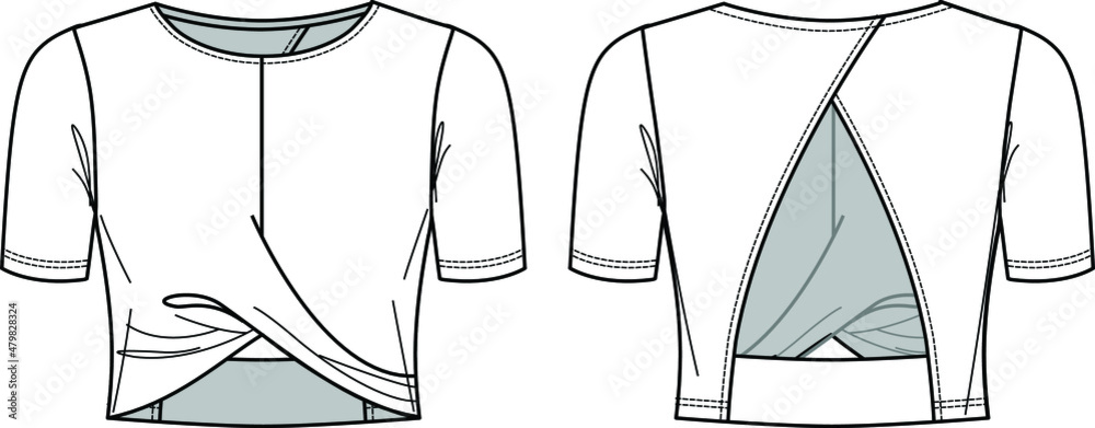 Vector crop top fashion CAD, woman round neck short sleeved t shirt ...