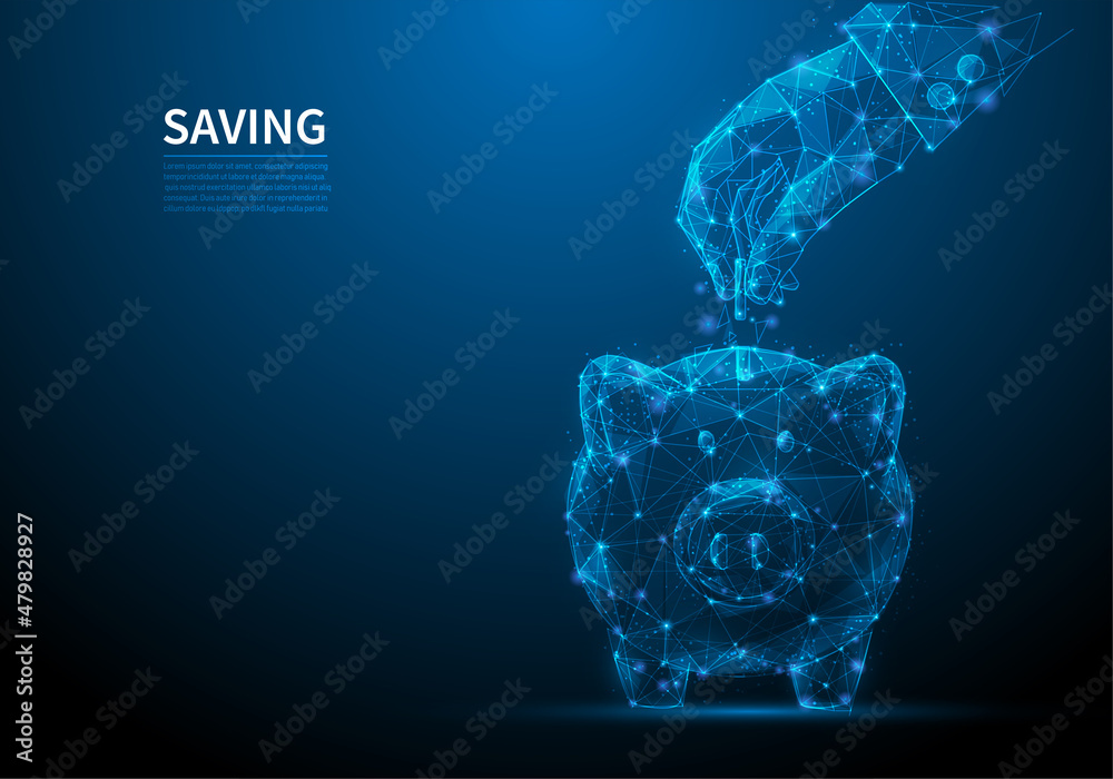 saving money low poly wireframe on blue dark background. hand putting ...