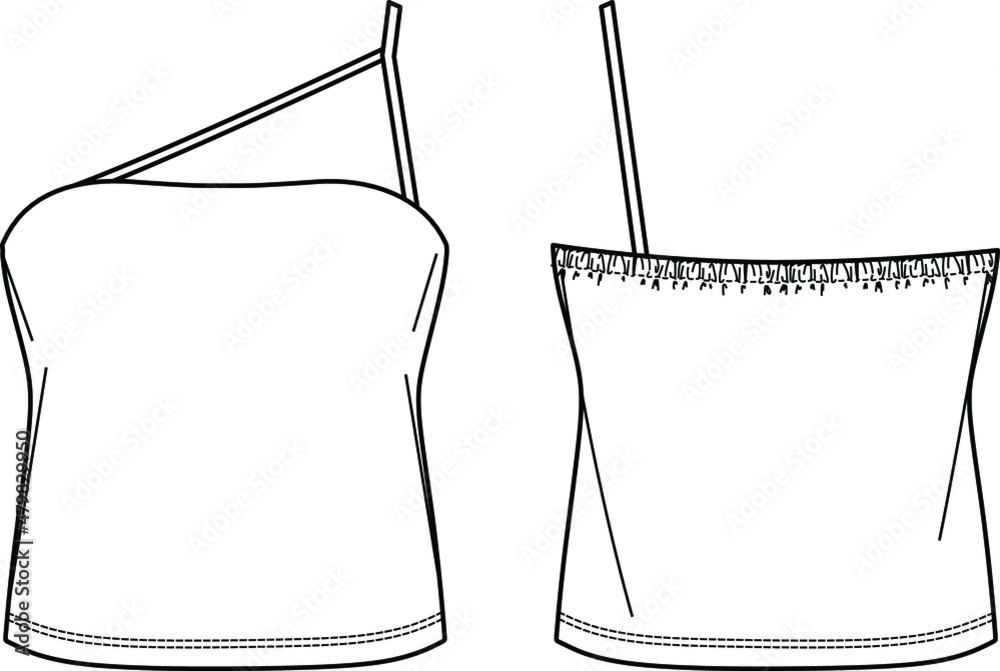 Vector asymmetric strapless top technical drawing, women crop top with ...
