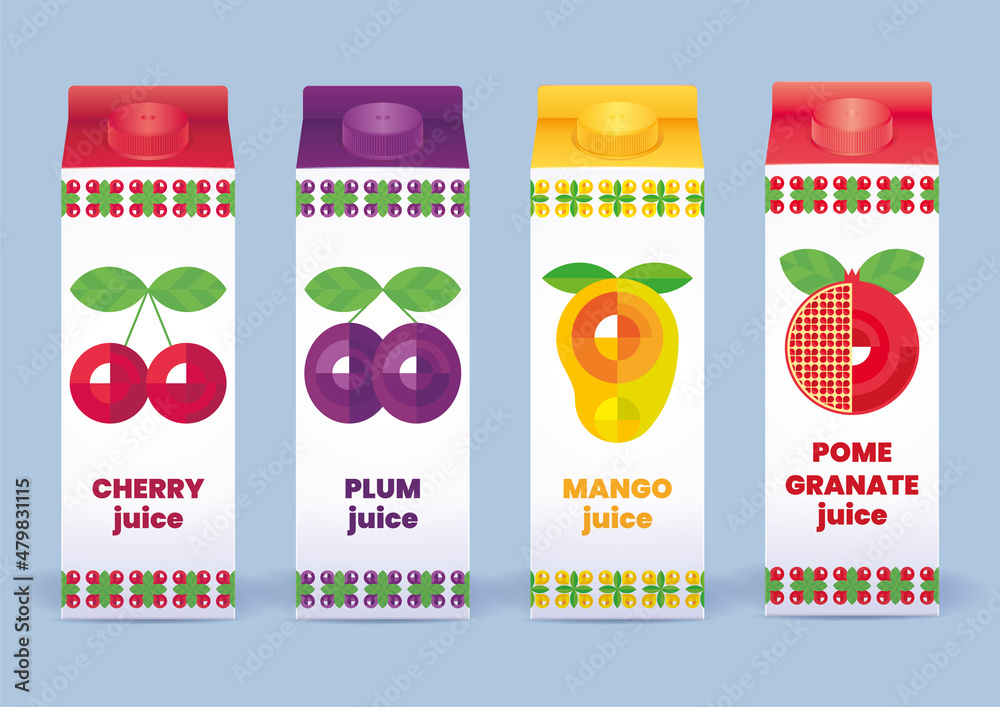 Fruit juice packaging set. Cherry, plum, mango, pomegranate juice ...