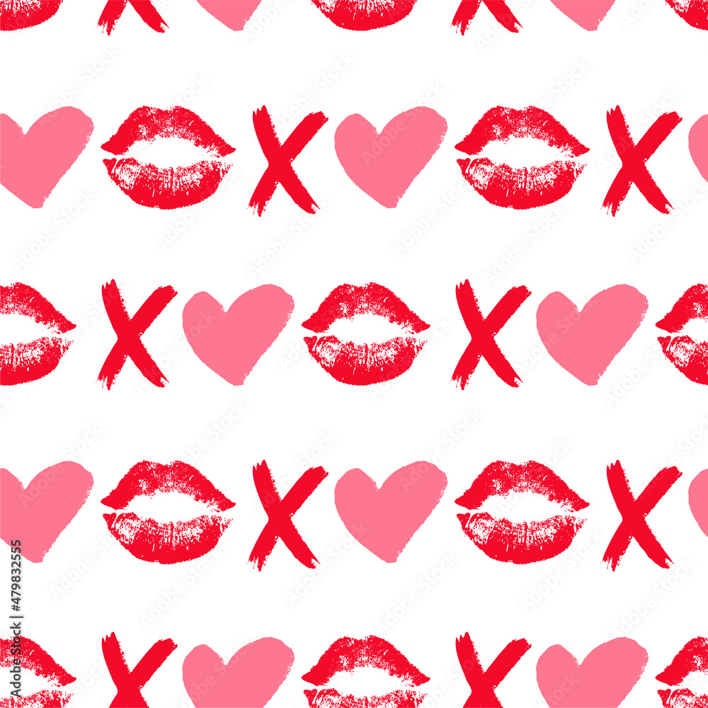 Seamless pattern lips print and XOXO written with red lipstick and ...