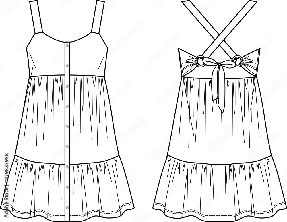 Voluminous mini dress, tired dress with frills vector sketch, flared ...